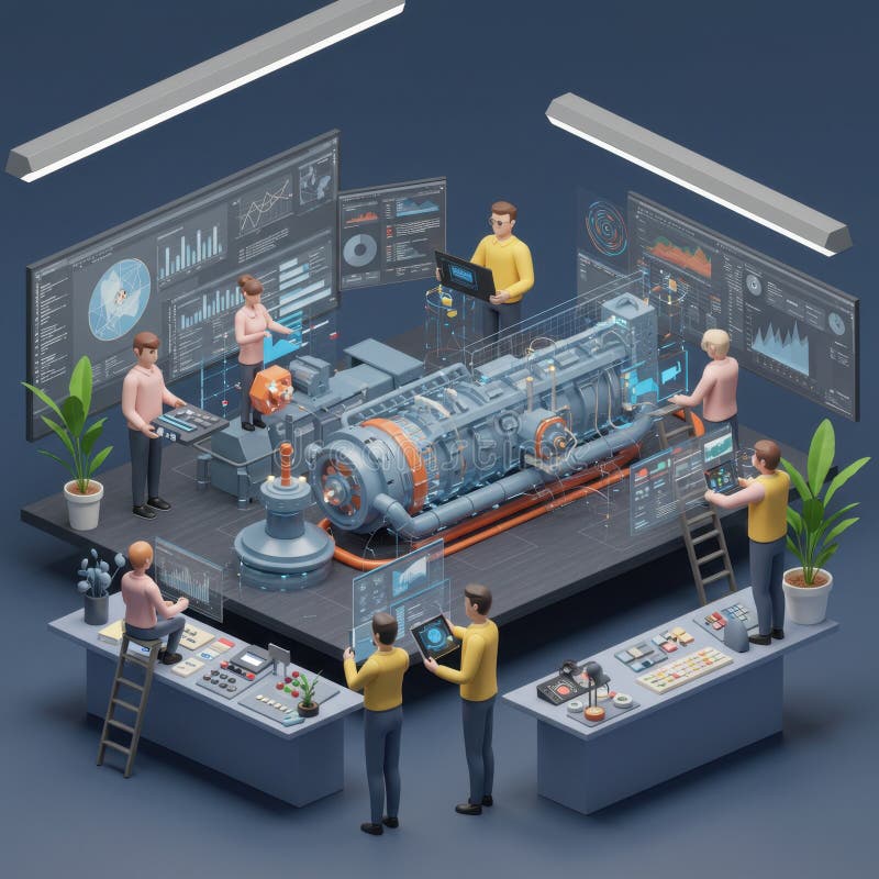 Team of Engineers Collaborating on Complex Engine Design Using Digital Technology Stock ...