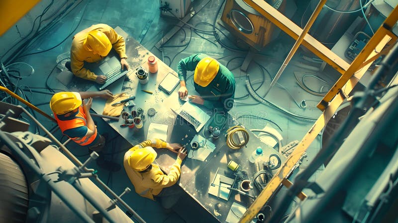 Team of Engineers Collaborating on Project at Workshop. Professional ...