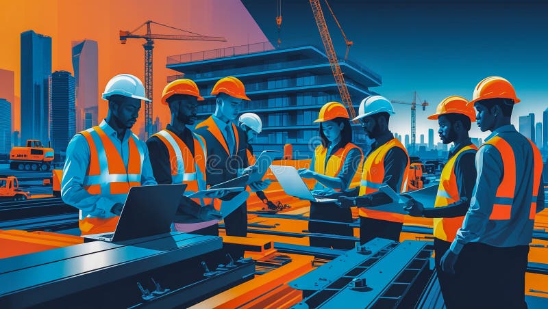 Team of Engineers Collaborating at Urban Construction Site Stock Illustration - Illustration of ...