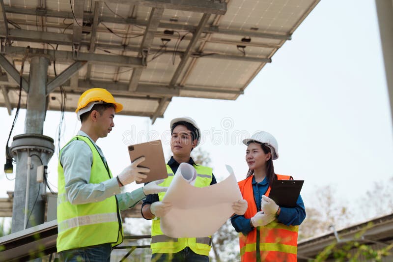 Sustainable Technology. Engineers Reviewing Energy Project Plans with a Focus on Collaboration ...