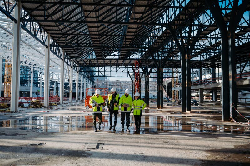 Team of Engineers and Construction Workers Inspecting Building Progress ...