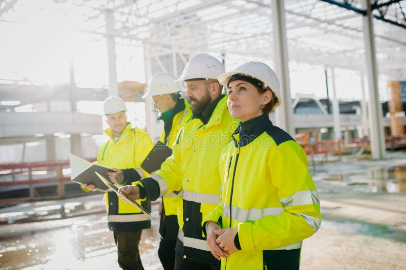 Team of Engineers and Construction Workers Inspecting Building Progress ...