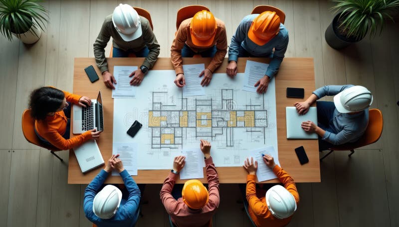 Team of Engineers Meeting Around Table. Reviewing Construction Plans ...