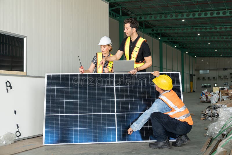 Team of Engineers and Technicians Working on Solar Panels Stock Image ...