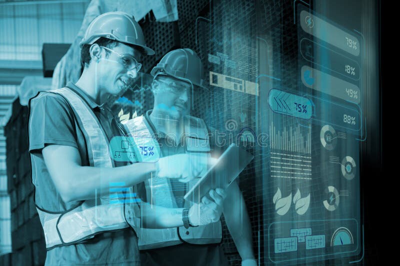 Team of Engineers Use Tablet with Visualize Screen Stock Image - Image ...