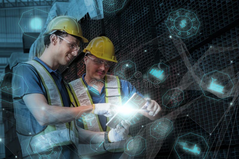 Team of Engineers Use Tablet with Visualize Screen Stock Photo - Image ...