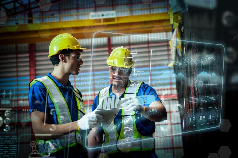 Team of Engineers Use Tablet with Visualize Screen of the Data ...