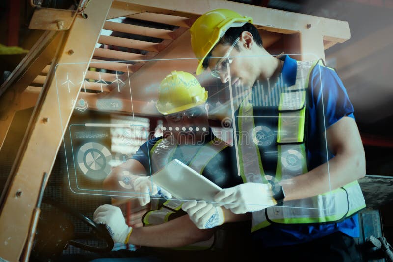 Team of Engineers Use Tablet with Visualize Screen of the Data ...