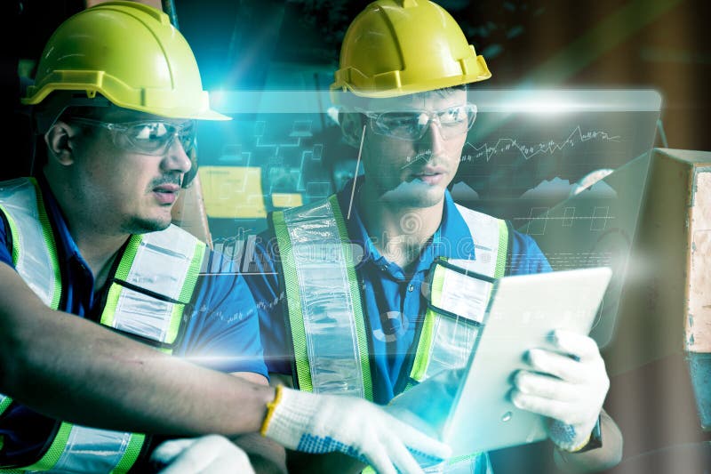 Team of Engineers Use Tablet with Visualize Screen of the Data ...