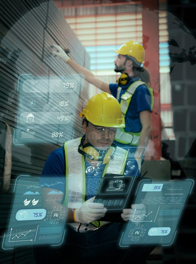 Team of Engineers Use Tablet with Visualize Screen of the Data ...