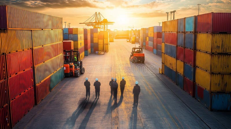 Engineers Walking Amidst Shipping Containers at a Busy Port at Sunset ...