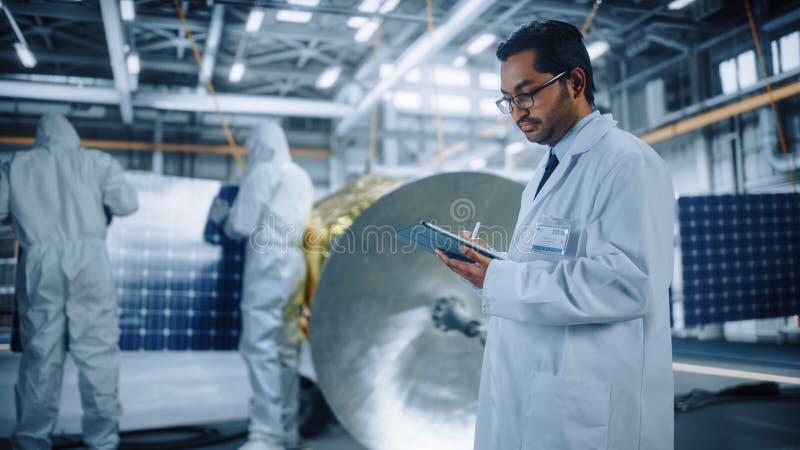 Team of Engineers Working on Satellite Construction, Scientist Uses ...