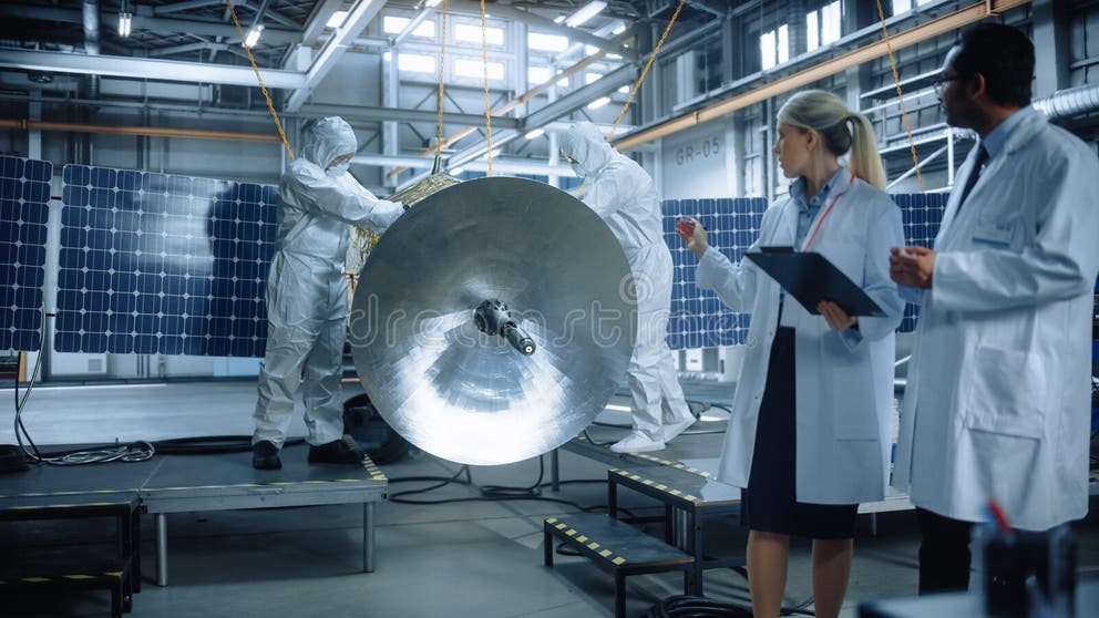 Team of Engineers Working on Satellite Construction, Use Tablet ...