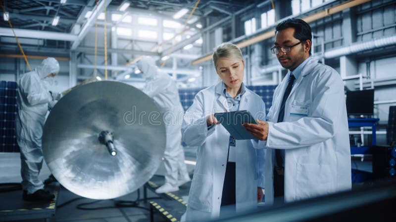 Team of Engineers Working on Satellite Construction, Use Tablet ...