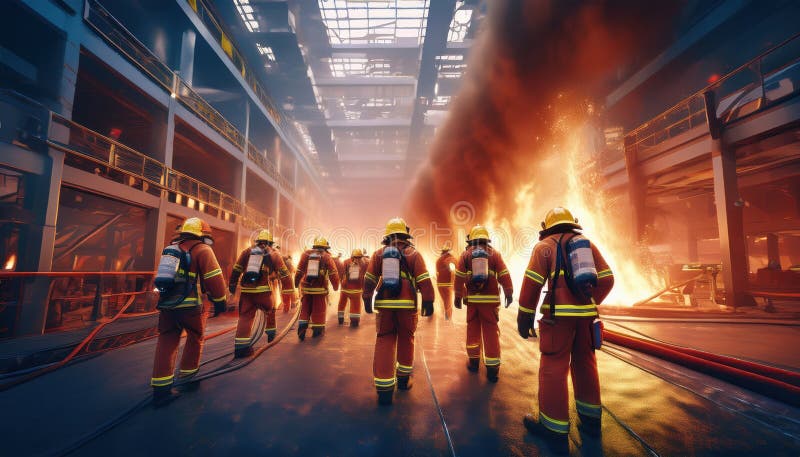 Team of Firefighters Advancing through Heavy Stock Image - Image of ...