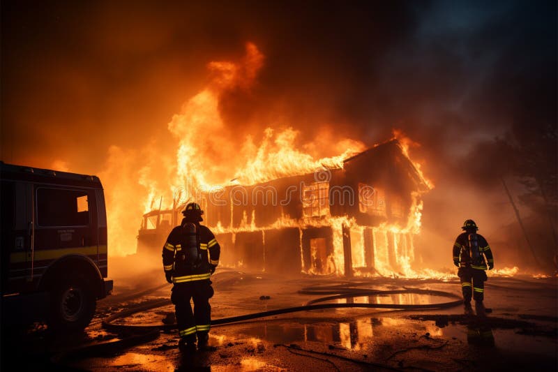 A Team of Firefighters Combat a Fierce House Fire Stock Illustration ...