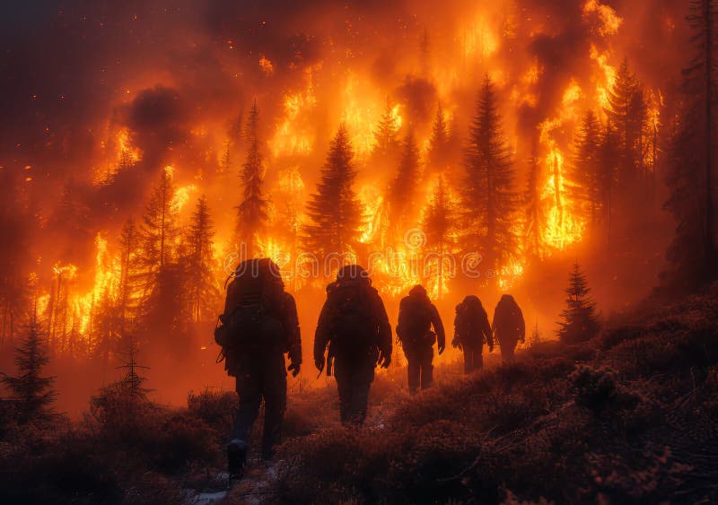 Team of Firefighters Walks into Forest Fire with Huge Flames Stock ...