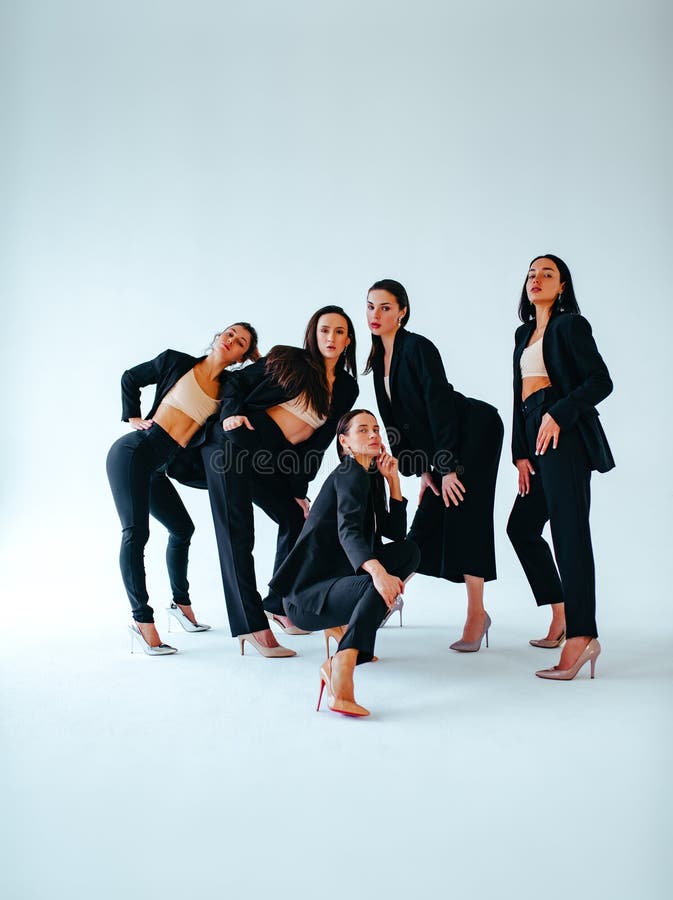 Team of Five Businesswoman in Black Suits Stock Photo - Image of ...