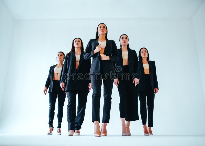 Team of Five Businesswoman in Black Suits Stock Image - Image of group ...
