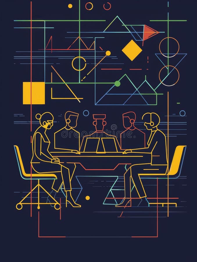 A Team of Five People are Sitting Around a Table in a Geometric Setting ...