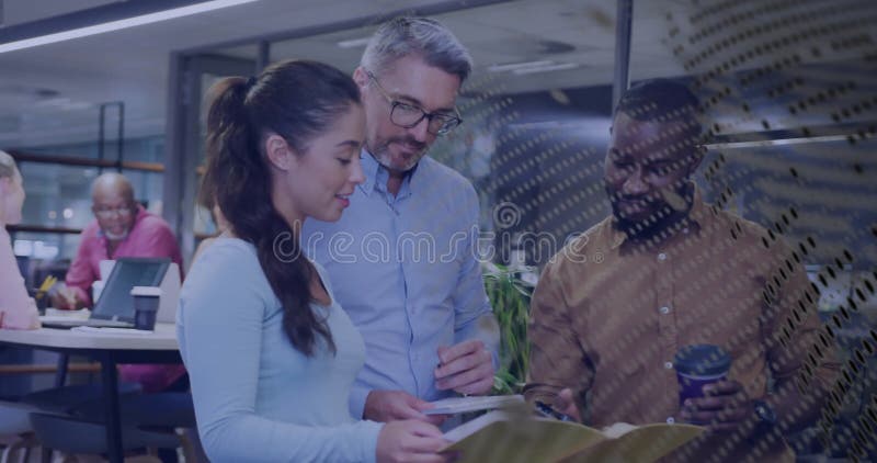 Team Flipping Binder and Tapping Tablet As Data Stream Overlay Sweeping ...