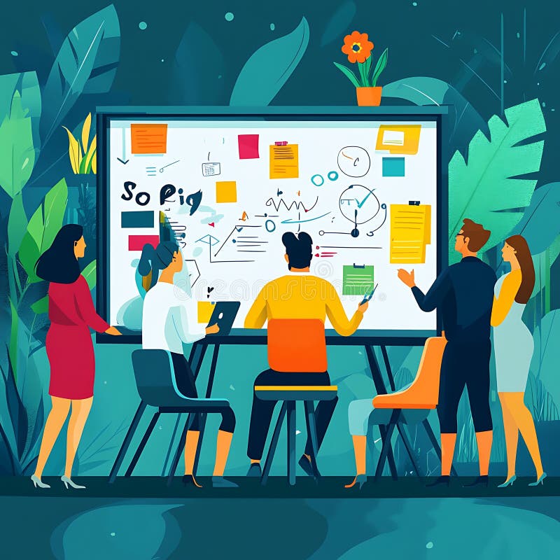 Brainstorming Meeting with Whiteboard and Sticky Notes Stock ...