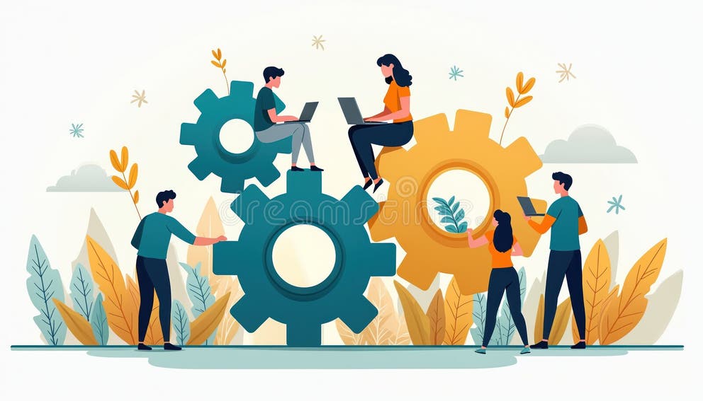 Team of Four People Working Together with Different Gears. Teamwork ...