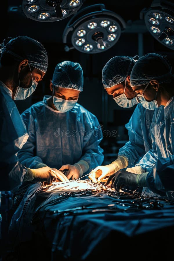 Team of Four Surgeons Performing an Operation Under Bright Surgical ...
