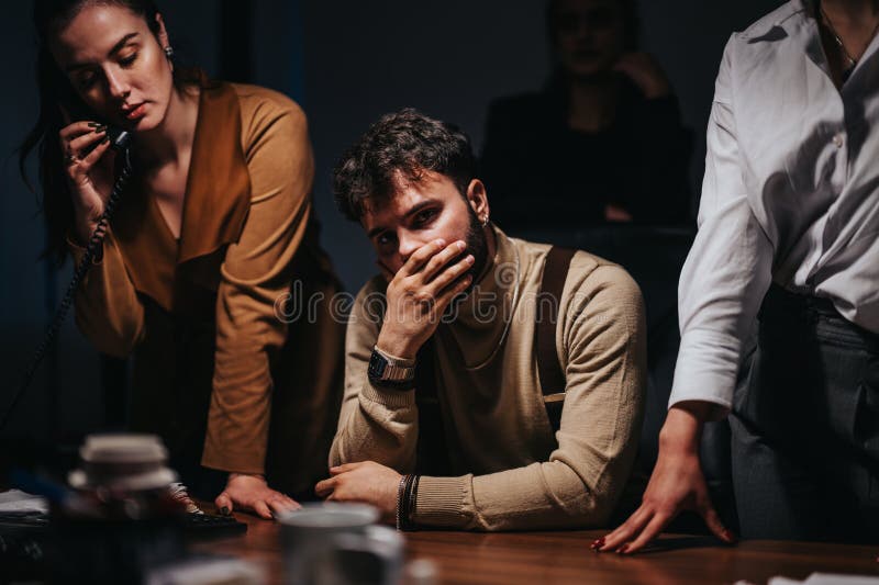 Team Gathered Around Desk during Intense Evening Workplace Discussion ...