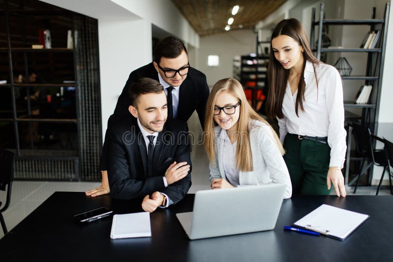 Team Gathering at Table with Laptop Stock Image - Image of caucasian ...
