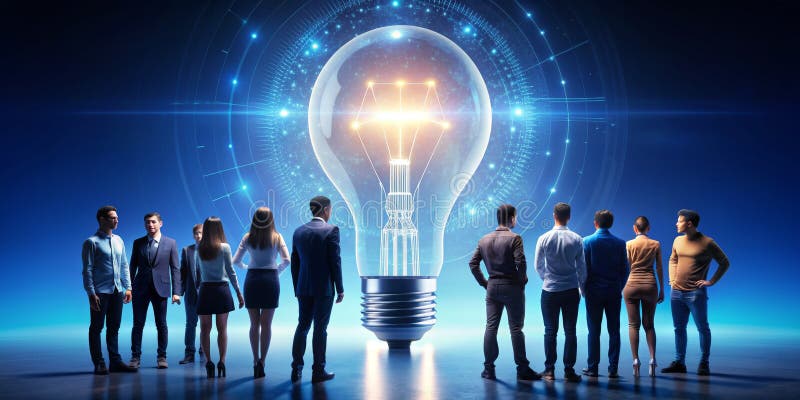 Team Gazing at a Giant Lightbulb with a Blue and White Tech Background ...