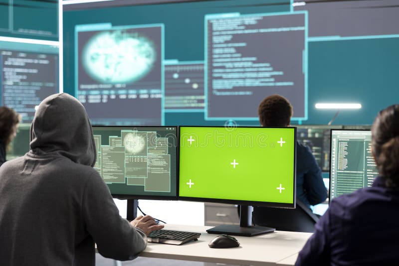 Team of Governmental Hackers Look at Green Screen in High Tech Agency ...