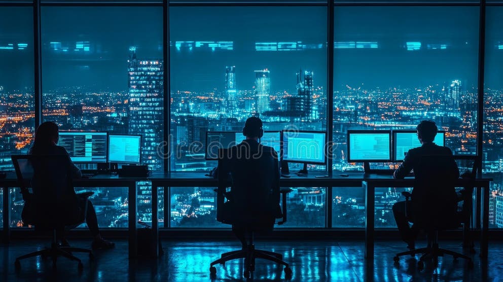 A Team of Hackers Collaborating Late into the Night in an Office, Using ...