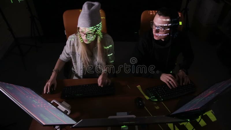 Team of Hackers Using Computer with Green Screen Mockup Stock Footage ...