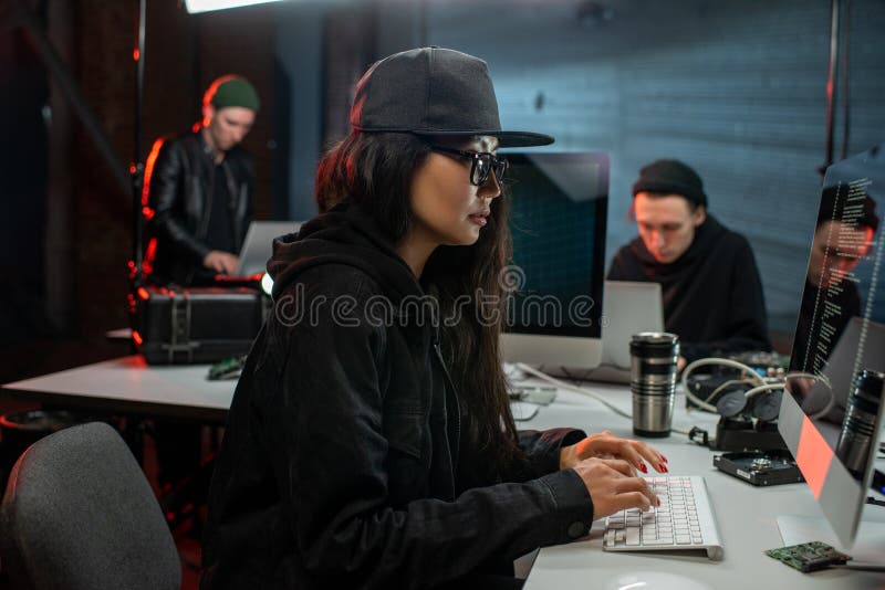 Team of Hackers Working in Dark Office Stock Image - Image of person ...
