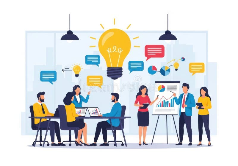 Team Having a Brainstorming Session with a Light Bulb Representing a New Idea Stock Illustration ...