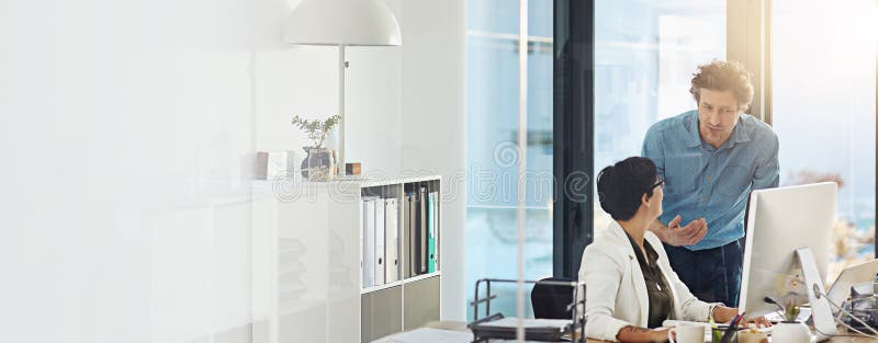 Team, Help and Business People with Manager on Computer for Advice ...