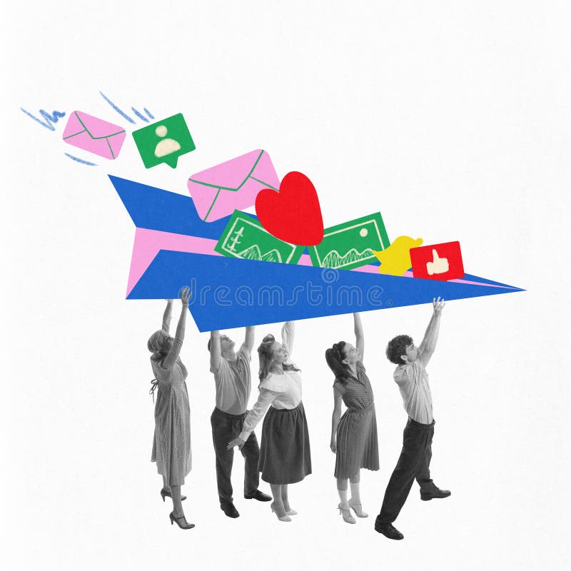 Team Holding and Navigating Paper Plane Filled with Digital ...