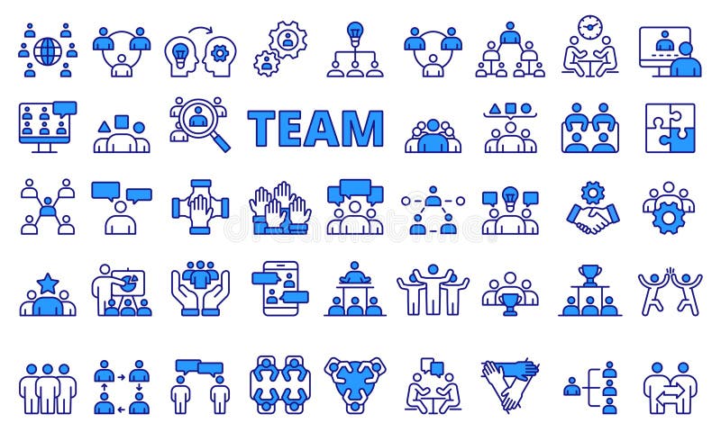 Team Icon Set in Line Design Blue. Team Work, Collaboration, Group ...