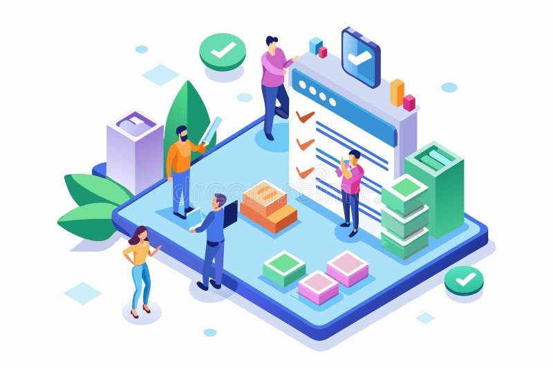 Team of Individuals Standing Around a Tablet with a Checklist Displayed ...