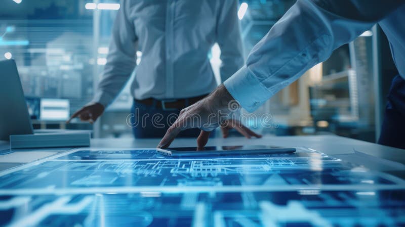 Team of Industrial Engineers Lean on Office Table, Analyze Machinery ...