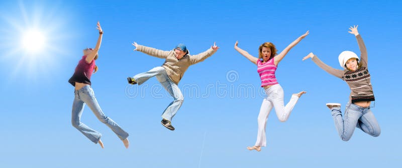Women jumping in a group stock photo. Image of naked, nature - 8390858