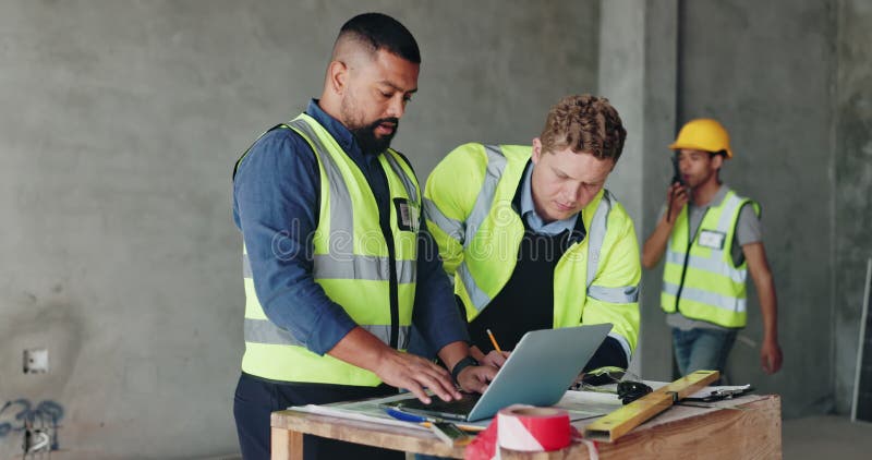 Team, Laptop and Engineering for Floor Plan on Construction Site ...