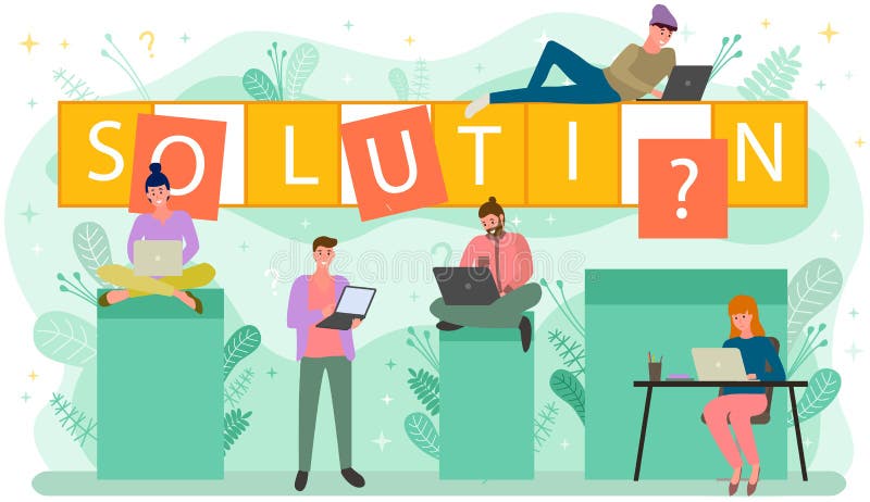 Team with Laptops Collects Word Solution. People Climbing on Ladders ...