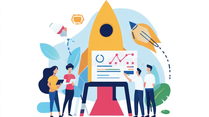 Design Illustrating Team Launching a Rocket Stock Illustration ...