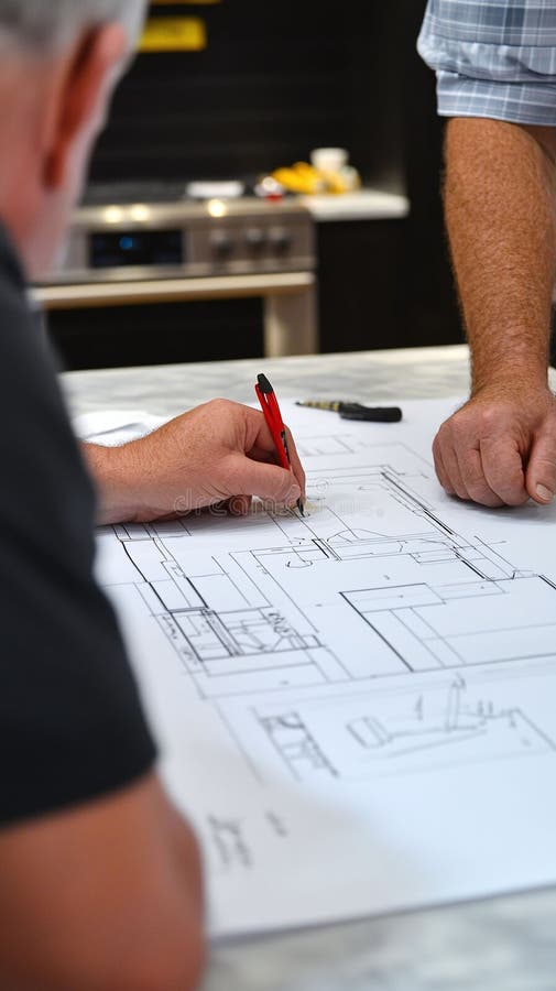 A Team Laying Out Plans for a Modernized Kitchen Renovation. Stock ...