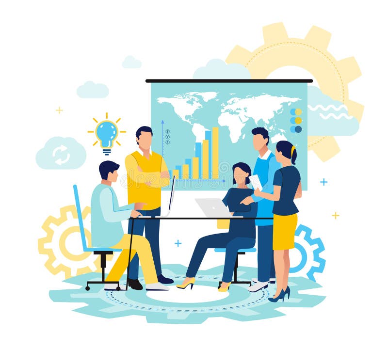 Team Leaders are Sitting at the Desk, Talking and Looking into the ...