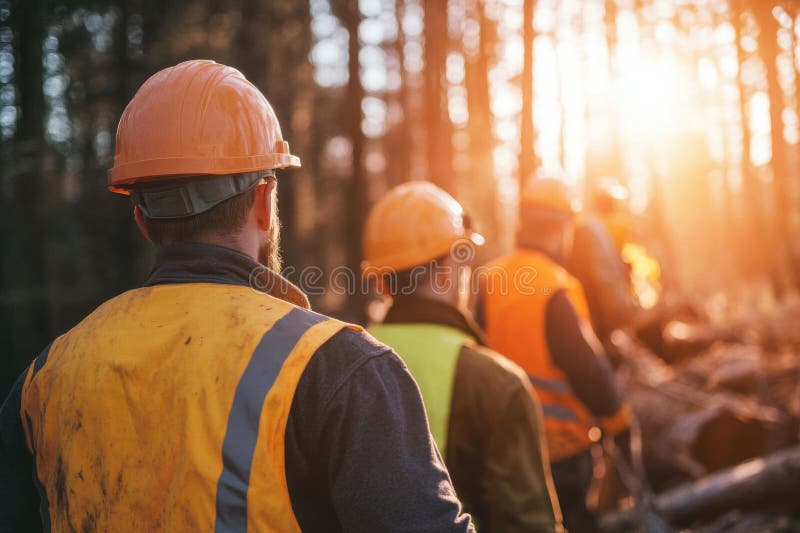 Team of Loggers Working Together at Sunset in a Forest during Tree ...