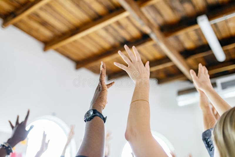 Team Making Hands Raised in the Air Stock Image - Image of management ...