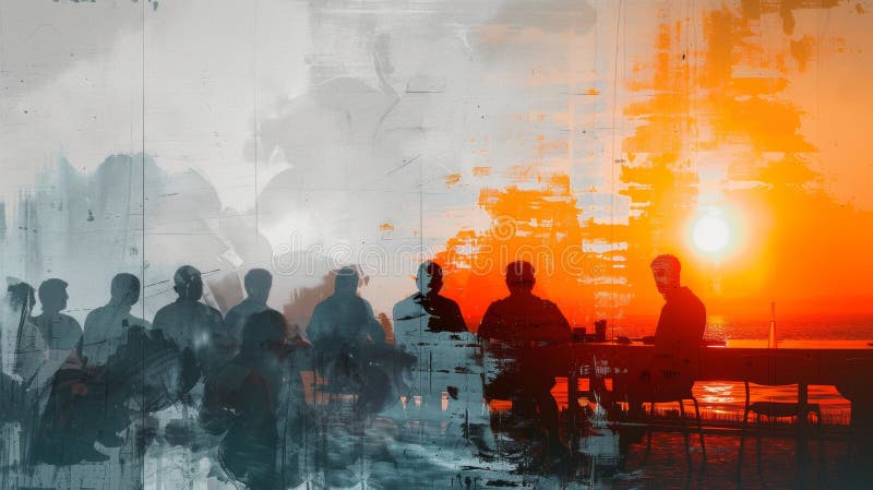Team Meeting Against a Stunning Sunset Backdrop, a Creative Collage ...